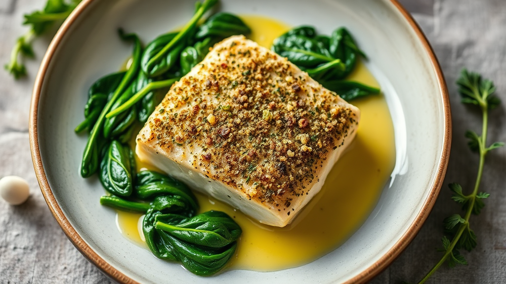 Herb-Crusted Cod with Sautéed Spinach and Lemon Butter Sauce - Free AI ...