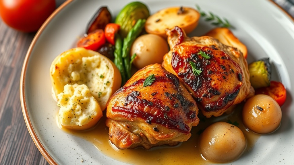 Savory Chicken Thighs with Au Gratin Potatoes and Roasted Vegetables ...